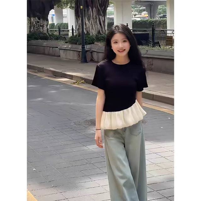 French ruffled splicing contrasting color front shoulder short-sleeved ...