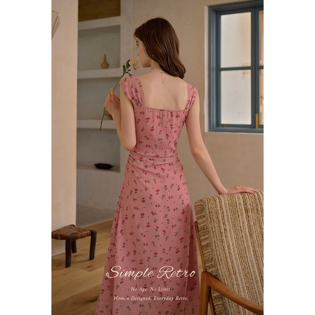 SimpleRetro waist pleated pink cherry floral suspender skirt for women
