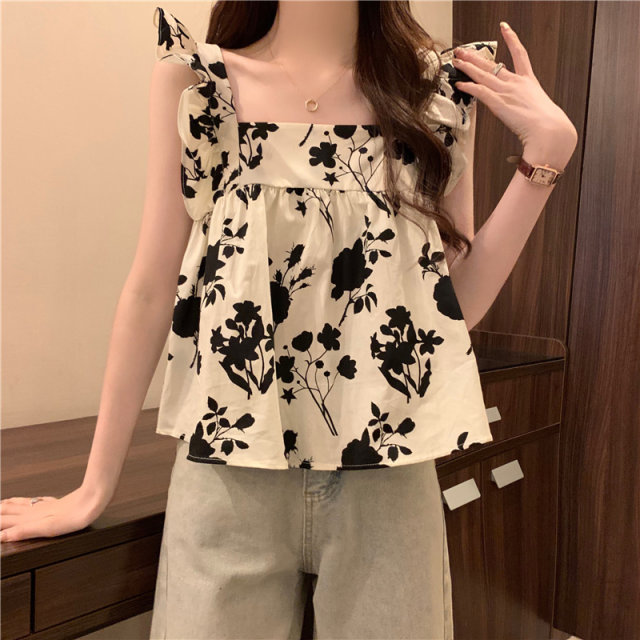 Bluster red off -back small flying sleeve top female Xia Du Duzhabaka unique sweet spicy doll ...