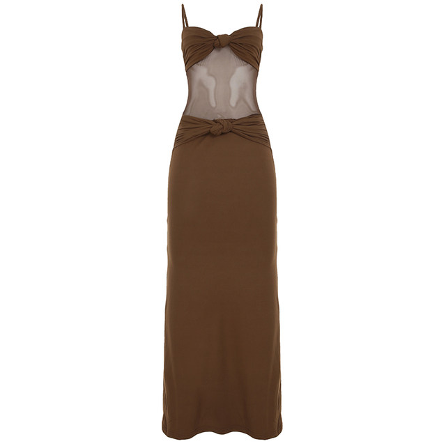 FUNOFF retro vacation style brown mesh kink fishtail suspender dress ...