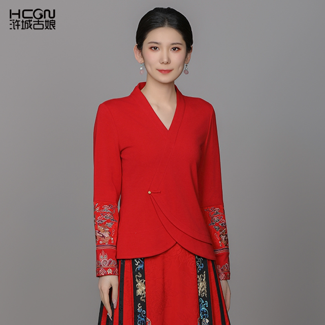 Xucheng Guniang's new cotton embroidered V-neck versatile black long ...