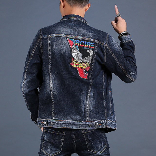 Men's embroidered high-end denim jacket men's trendy brand loose denim ...