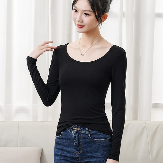 Modal base shirt for women with large round neck inner long sleeve thin ...