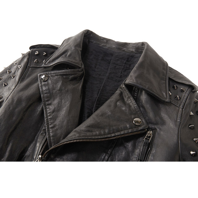 Retro classic rivet style diagonal zipper lapel motorcycle leather ...