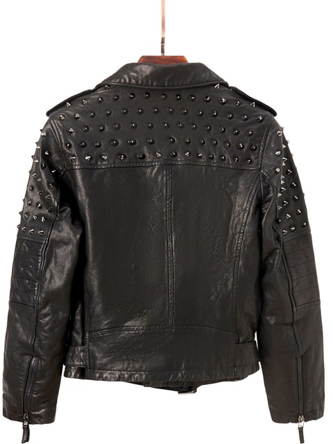 Retro classic rivet style diagonal zipper lapel motorcycle leather ...