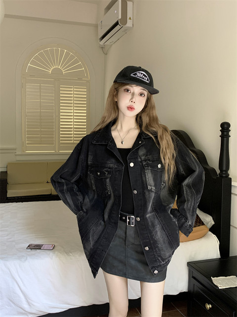 Black and gray tie-dye denim jacket for women in autumn 2023 new ...
