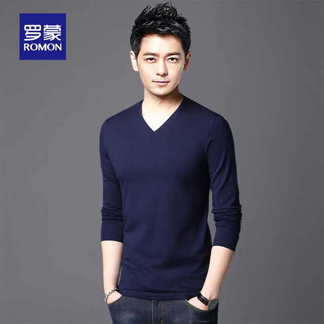 Luo Meng spring and autumn V-neck long-sleeved T-shirt men's Korean ...