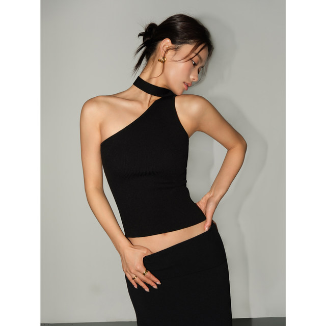 NEVA HU Black slanted shoulder knitted vest for women in summer, slim ...