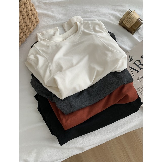 Design sense sewing Pureette pure color T -shirt women's autumn and ...