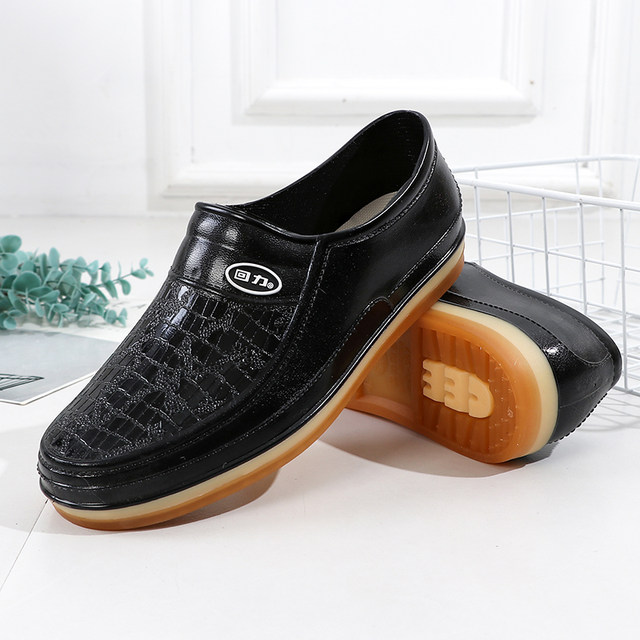 Pull back men's rain boots plus velvet low-top water boots kitchen non ...