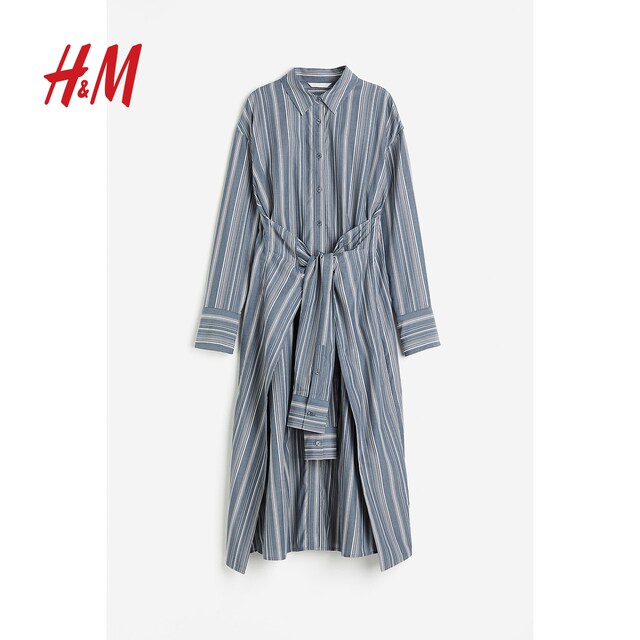 HM women's dress autumn casual fashion striped lace-up shirt style mid ...