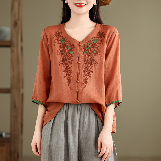 Pure ramie shirt female seven -point sleeve 2024 summer new round neck ...