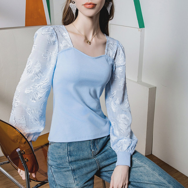 French square collar top for women's jacquard splicing puff sleeves ...