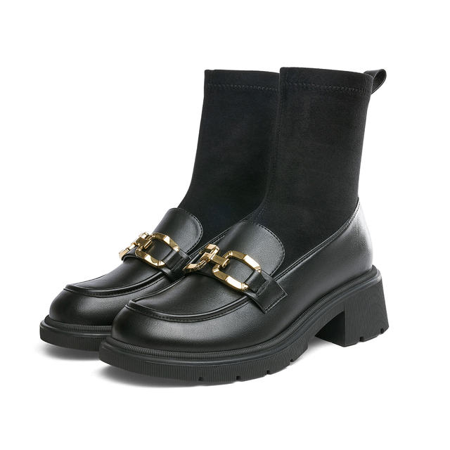 Zhuo Shini British Style Black Loaf Sock Boots Women's 2025 Autumn and ...
