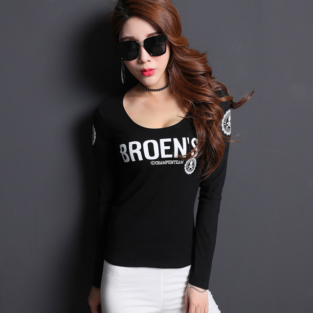 Cotton sexy long -sleeved T -shirt female slim printing U -collar low ...