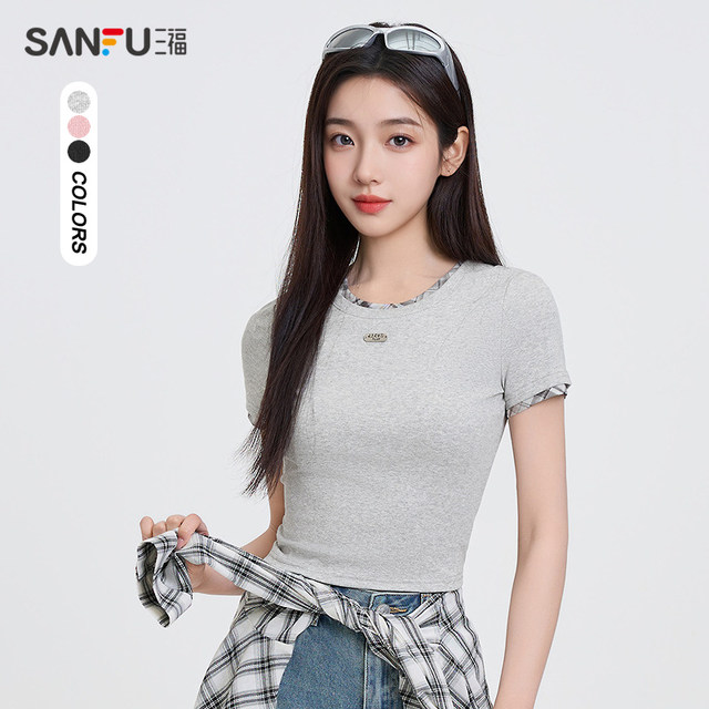 Sanfu short T-shirt 2025 summer street trendy plaid splicing round ...