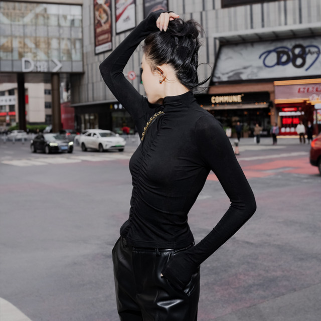 Moona fine cotton wool bottoming shirt female thin autumn high bomber slim -necked sexy fold inside