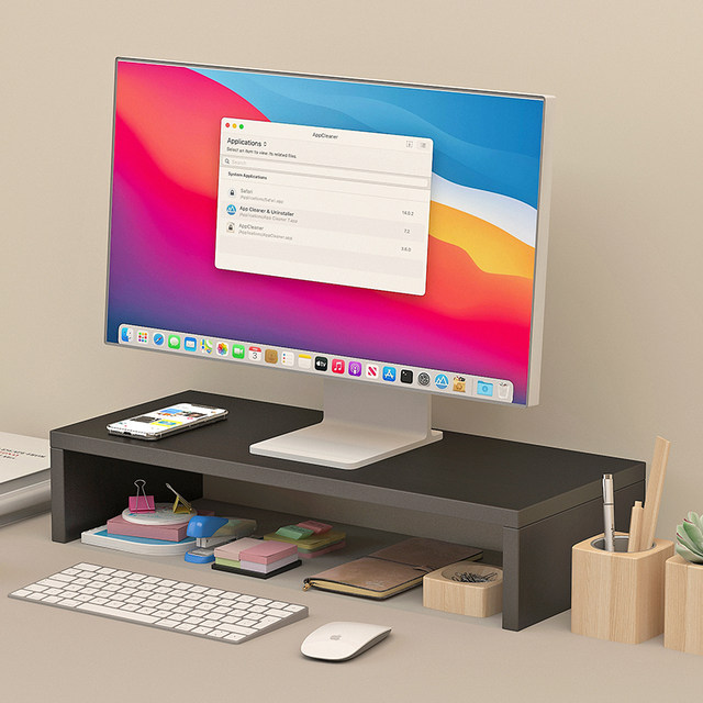 Computer monitor screen elevated shelf raised base desktop keyboard ...