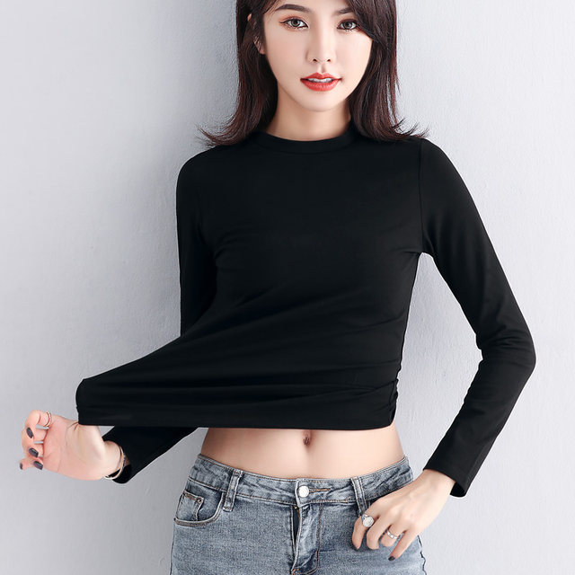 Black pure cotton semi -high -necked bottoming shirt female in spring ...
