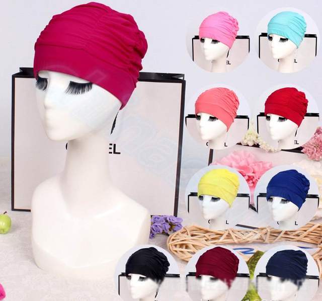 Women's pleated cloth swimming hat solid colorless color Bobe head ...