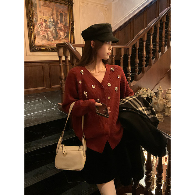 NAZ large size winter new V-neck three-dimensional flower knitted cardigan fat mm Andy velvet ...