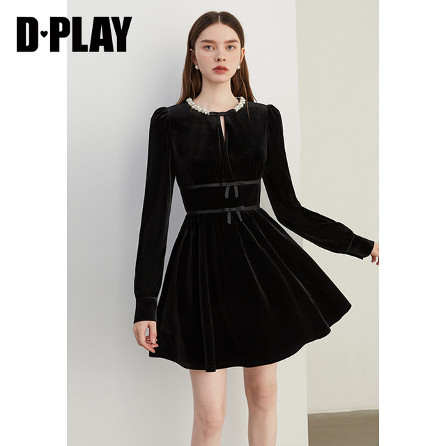 DPLAY2025 autumn black pearl neck velvet dress temperament short bow ...