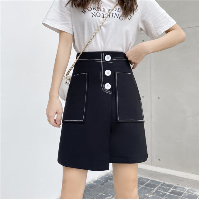 Irregular pocket skirt buckle bright line short skirt fat mm large size skirt high -waisted A ...