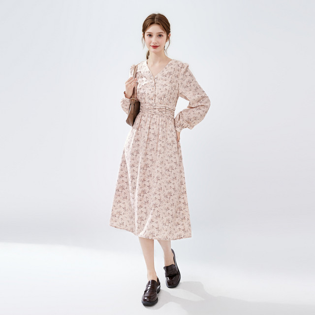 Qiushui Yiren temperament V-neck floral long-sleeved dress 2025 autumn ...