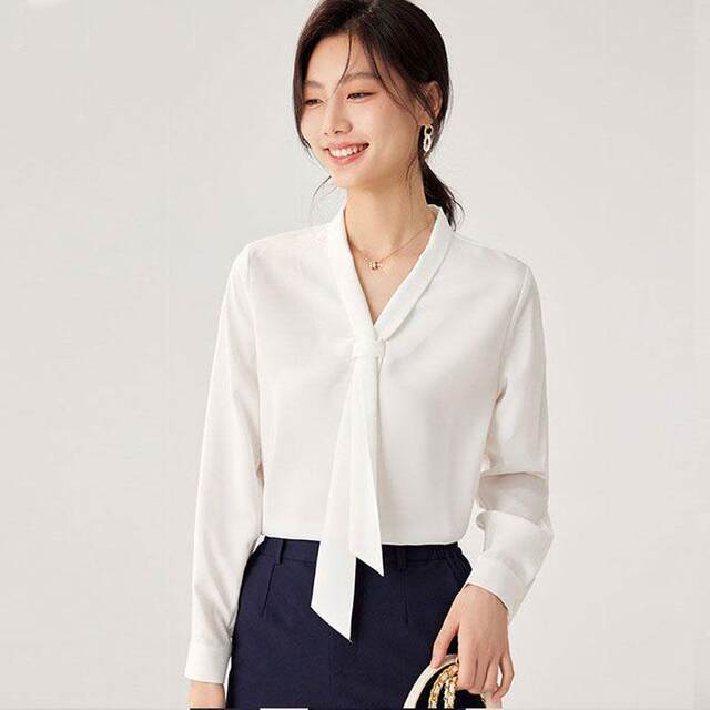 V-neck streamer chiffon long-sleeved white shirt for women in autumn ...