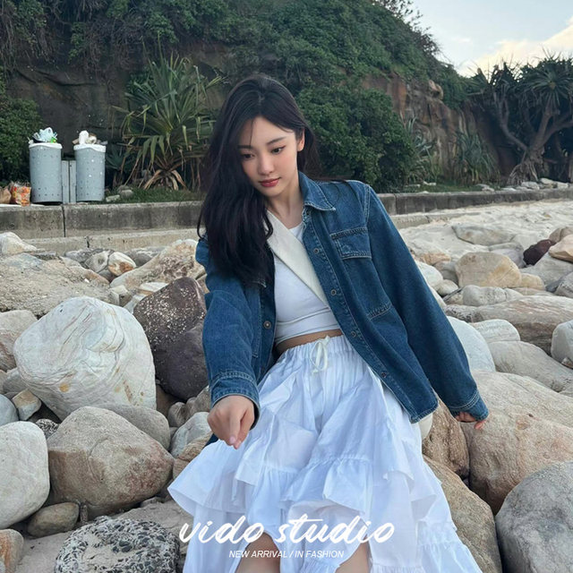 Ningyi Zhuang Star The same retro dark blue big pocket long -sleeved ...