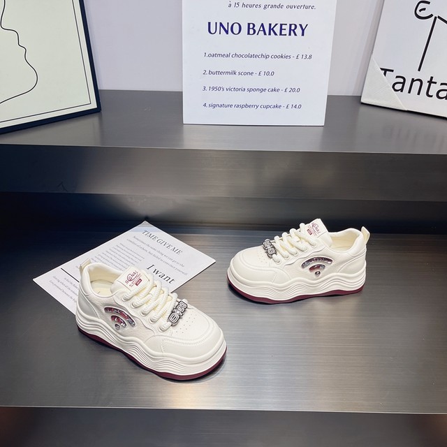 White shoes for women ins trendy wave-soled genuine leather sneakers 2024 autumn new college ...