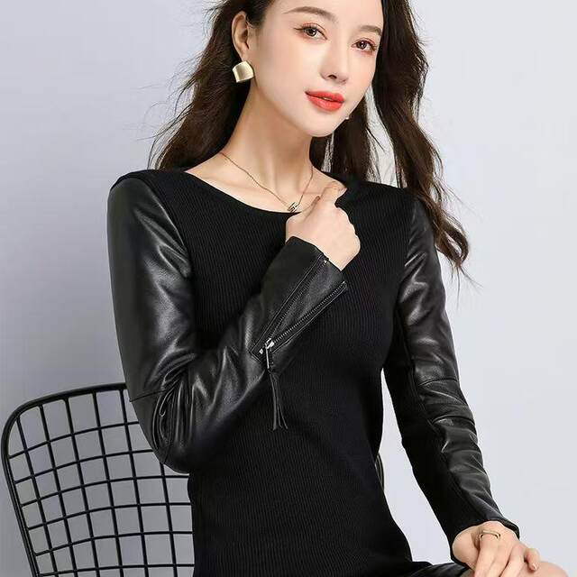 New Sheepskin Genuine Leather Knitted Sweater with Leather Sleeves ...