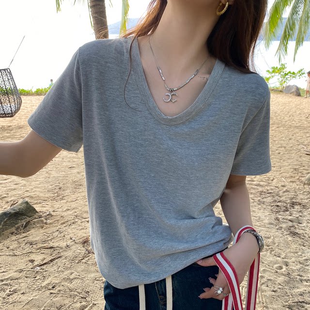 Turmeric V-neck Short-sleeved T-shirt for women 2025 new summer outfit ...