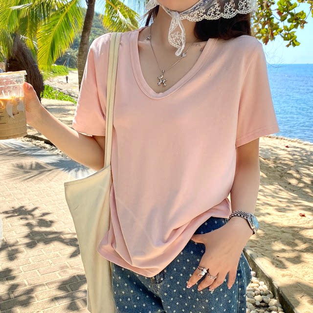 Turmeric V-neck Short-sleeved T-shirt for women 2025 new summer outfit ...