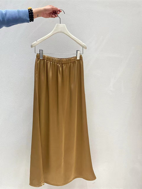2024 spring solid color satin drawstring A-line skirt mid-length skirt ...