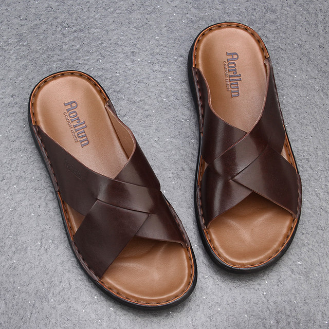 Summer slippers Men's leather wearing simple and comfortable soft ...
