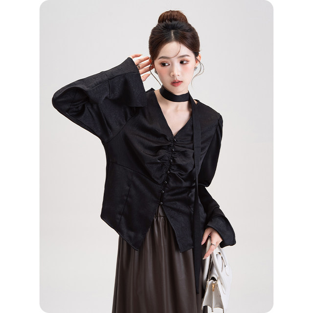 French retro temperament V -neck horn long -sleeved shirt female autumn ...