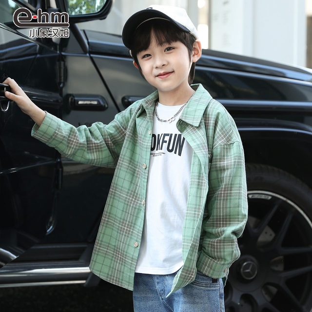 Elephant Ham children's long -sleeved shirt children's plaid shirt 2025 ...