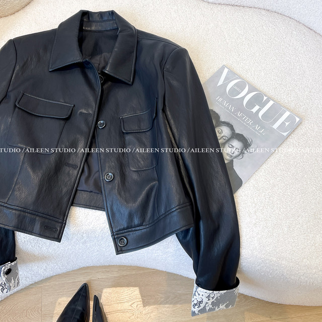 Black lace leather jacket for women short 2025 spring new casual and ...