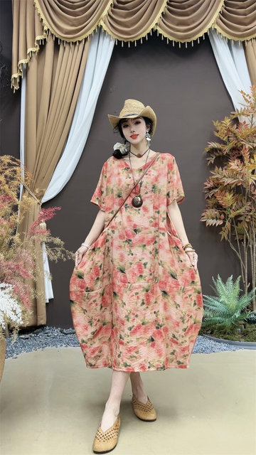 Summer new retro style hemp print V -neck short -sleeved dress female ...