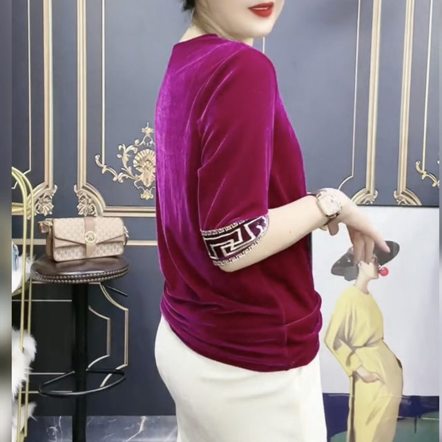 Spring and autumn explosion gold velvet top slim large size V -neck ...