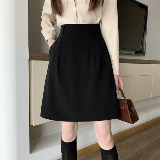 2024 Autumn large size suit A -line skirt Female high -waisted pocket skirt covers the wild ...