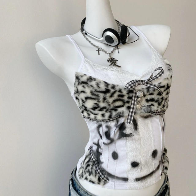 Retro y2k hot girl Shibuya suspender vest American kitten printed ...