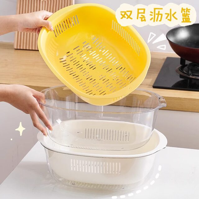 Double-layer hollow fruit basin, fruit washing basket, household fruit ...