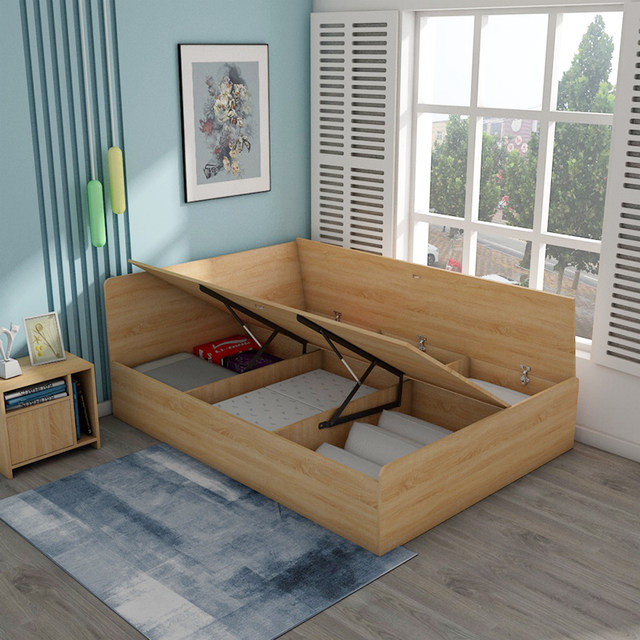 Small apartment tatami bed high -box storage air pressure rod supports ...