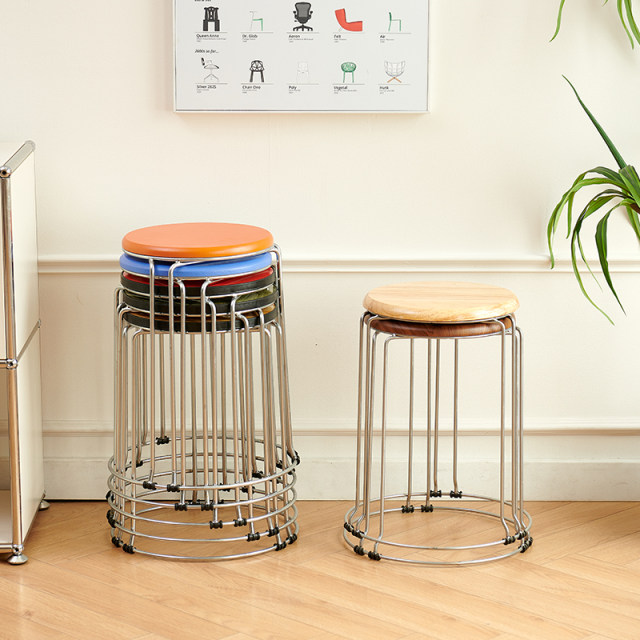 Solid wood circular stool home stacking round chair sleeve stool iron ...