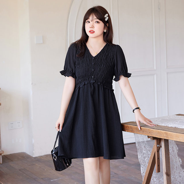 2023 summer new V-neck French retro black skirt rubber waist slim large size fat MM chiffon dress