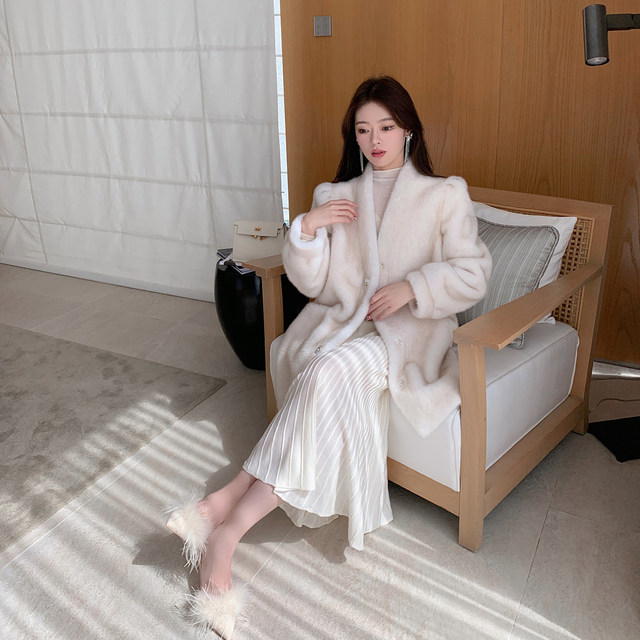 ByYou Autumn Slim High Neck Wool White Knitted Dress Waist-Close Mid ...