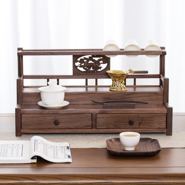 Tea set storage rack North American walnut double-layered rack Chinese ...