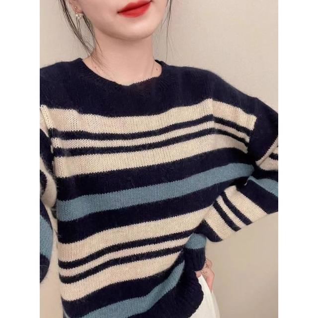 Autumn and winter long-sleeved striped color-blocking sweater round ...